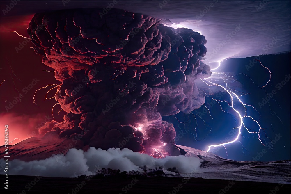 Volcanic explosion thunder and lightning Stock Illustration | Adobe Stock