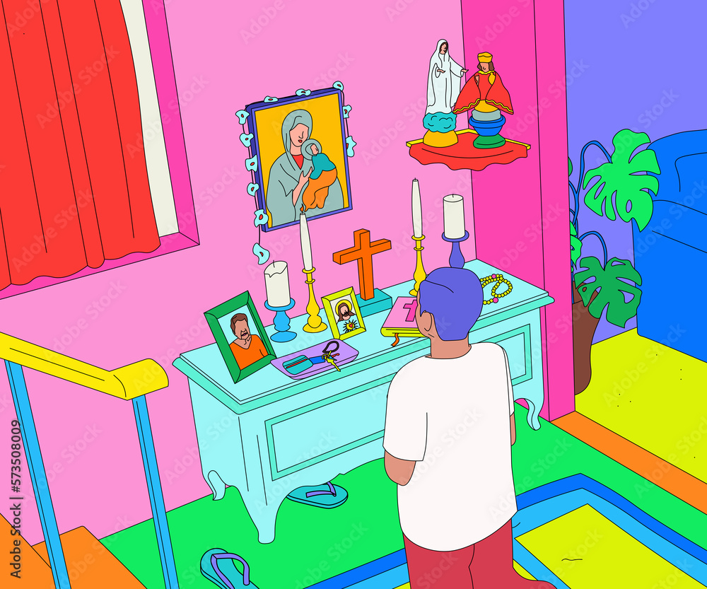 Boy praying in Filipino home Stock Illustration | Adobe Stock
