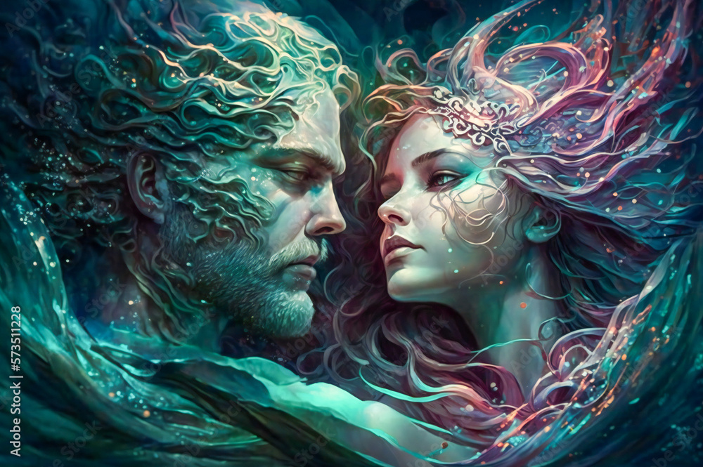 Mythological, fairy tale aquatic man and woman face to face. Created ...