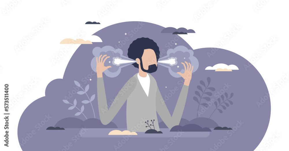 Angry man with anger emotion and mad steam out of ears from frustration ...