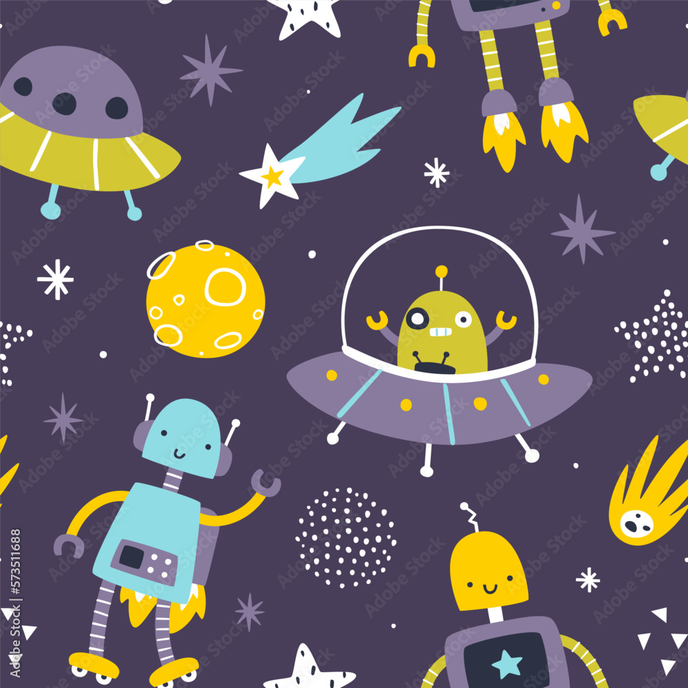 Cute space pattern with alien robots for kids. Seamless cosmic vector ...