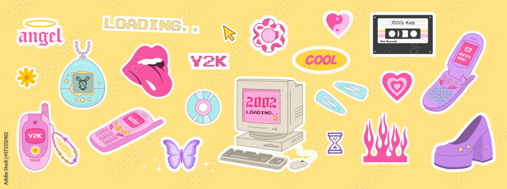 Y2k icons set. Vintage old phone, computer, flame, stickers. 2000s ...