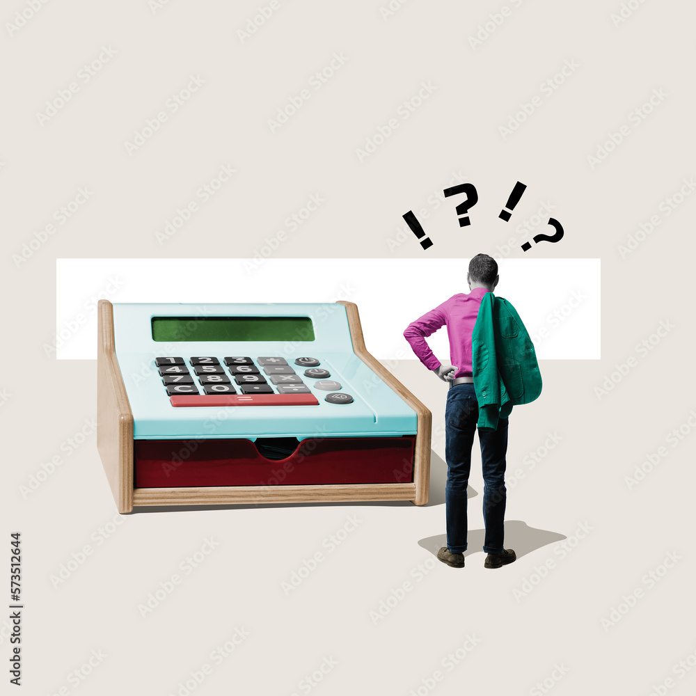 The financier stands in front of the calculator. Solving financial ...