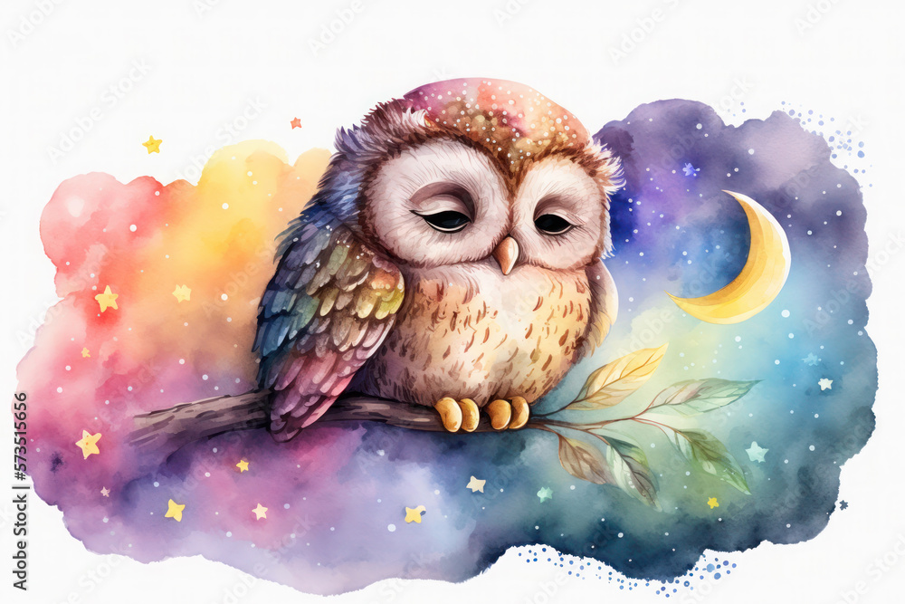 watercolor drawing. the owl sleeps on a cloud and a rainbow. cute childish drawing. ai ...