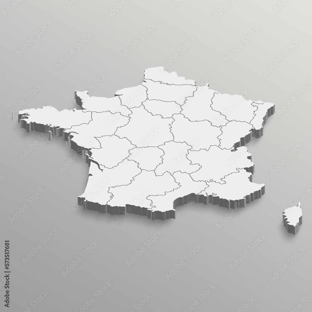 Fully editable 3d isometric white France map with States or province in ...