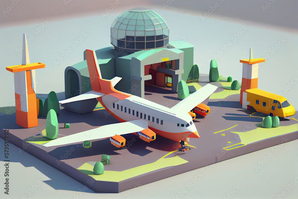 Airport complex with terminal and aircraft on runway. Transport and ...