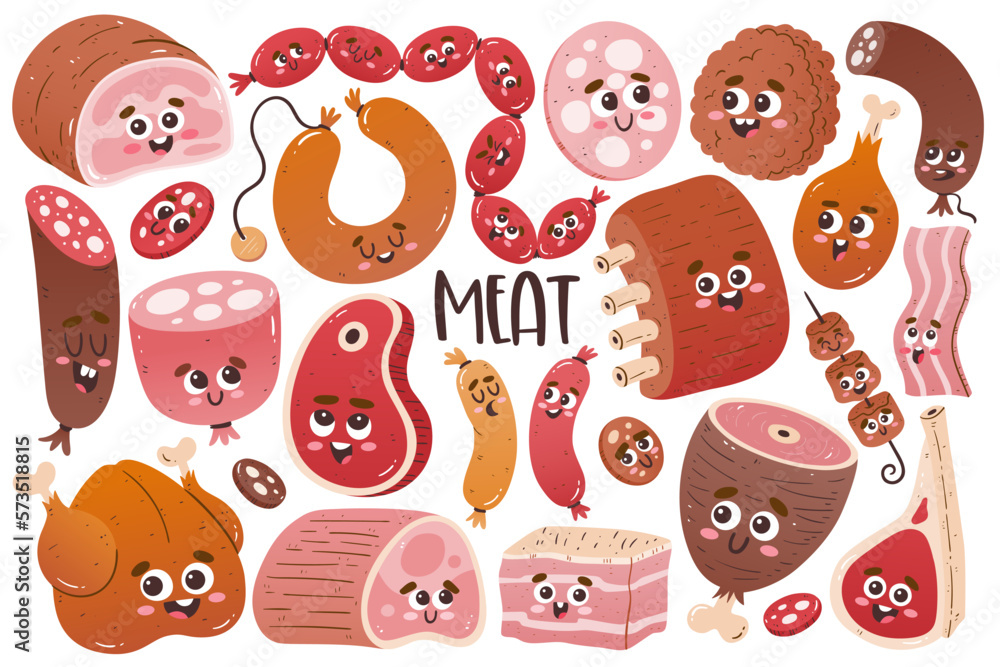Cute meat collection with cartoon faces. Isolated colorful cliparts ...