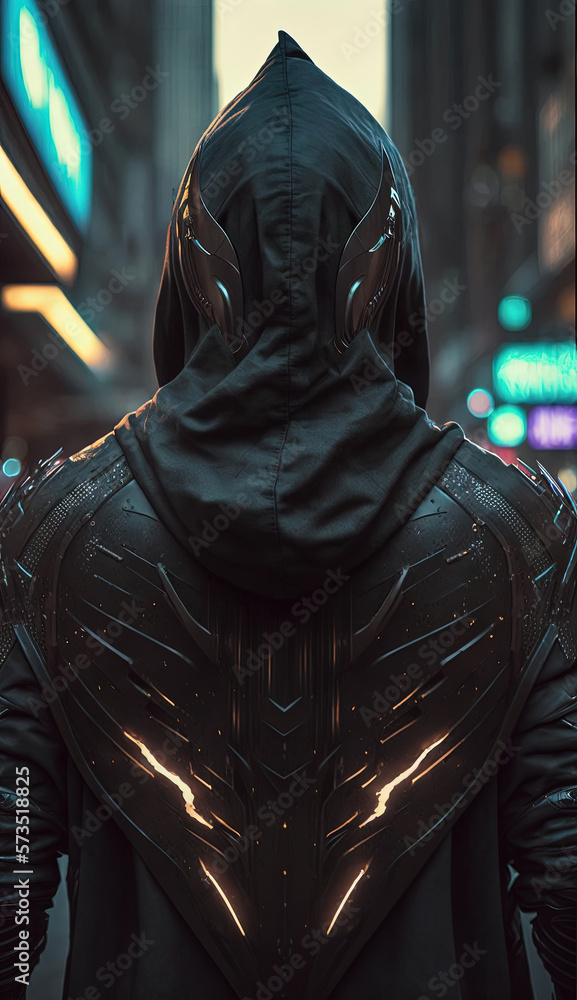 Ninja Assassine mit Kapuze in schwarzer Panzerung in Großstadt ...