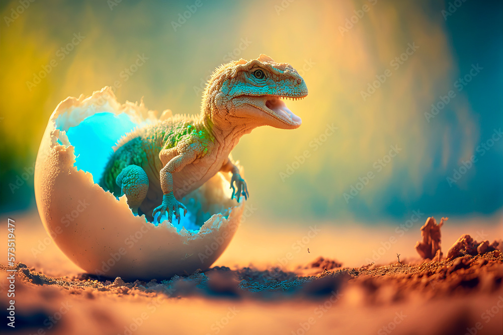 A cute baby dinosaur enters the world by breaking the shell of his egg ...