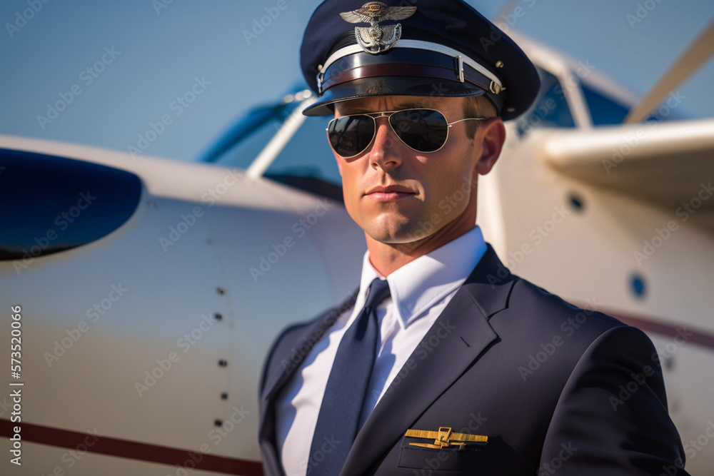 Potrait of commercial pilot stands confidently in front of his plane ...