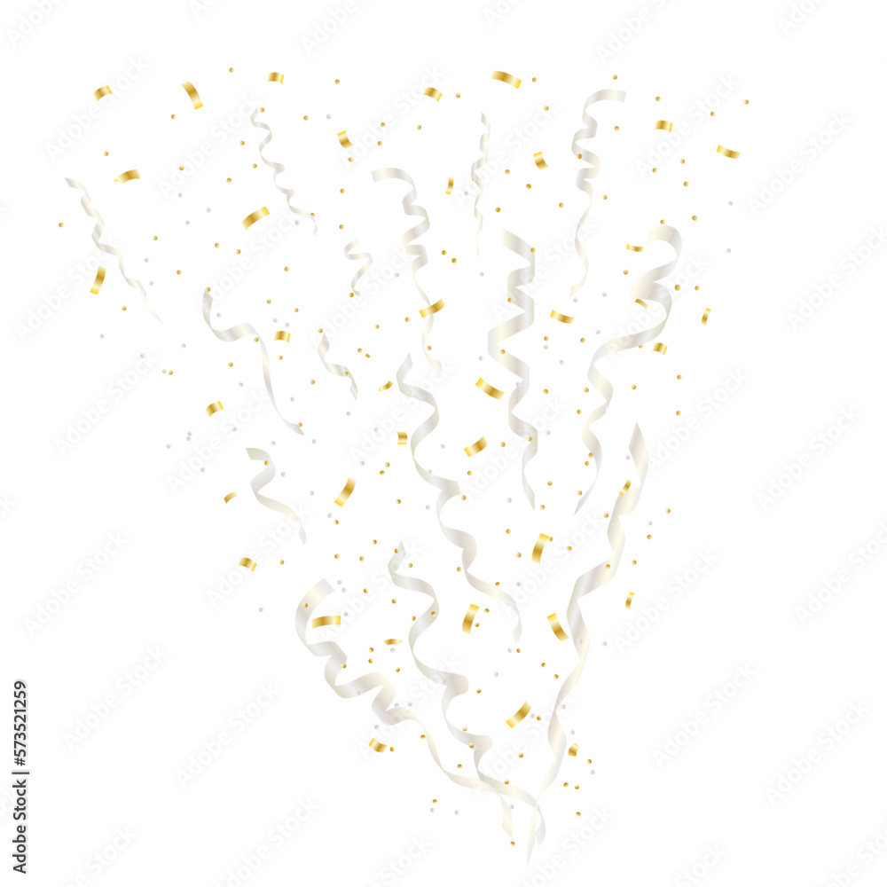 Cold and silver confetti and ribbon falling on transparent background ...