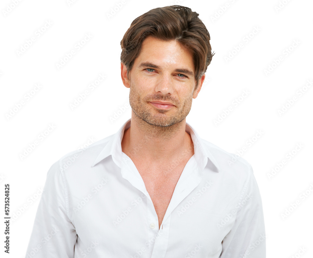 An attractive and confident male model with a smirk and thinking face ...