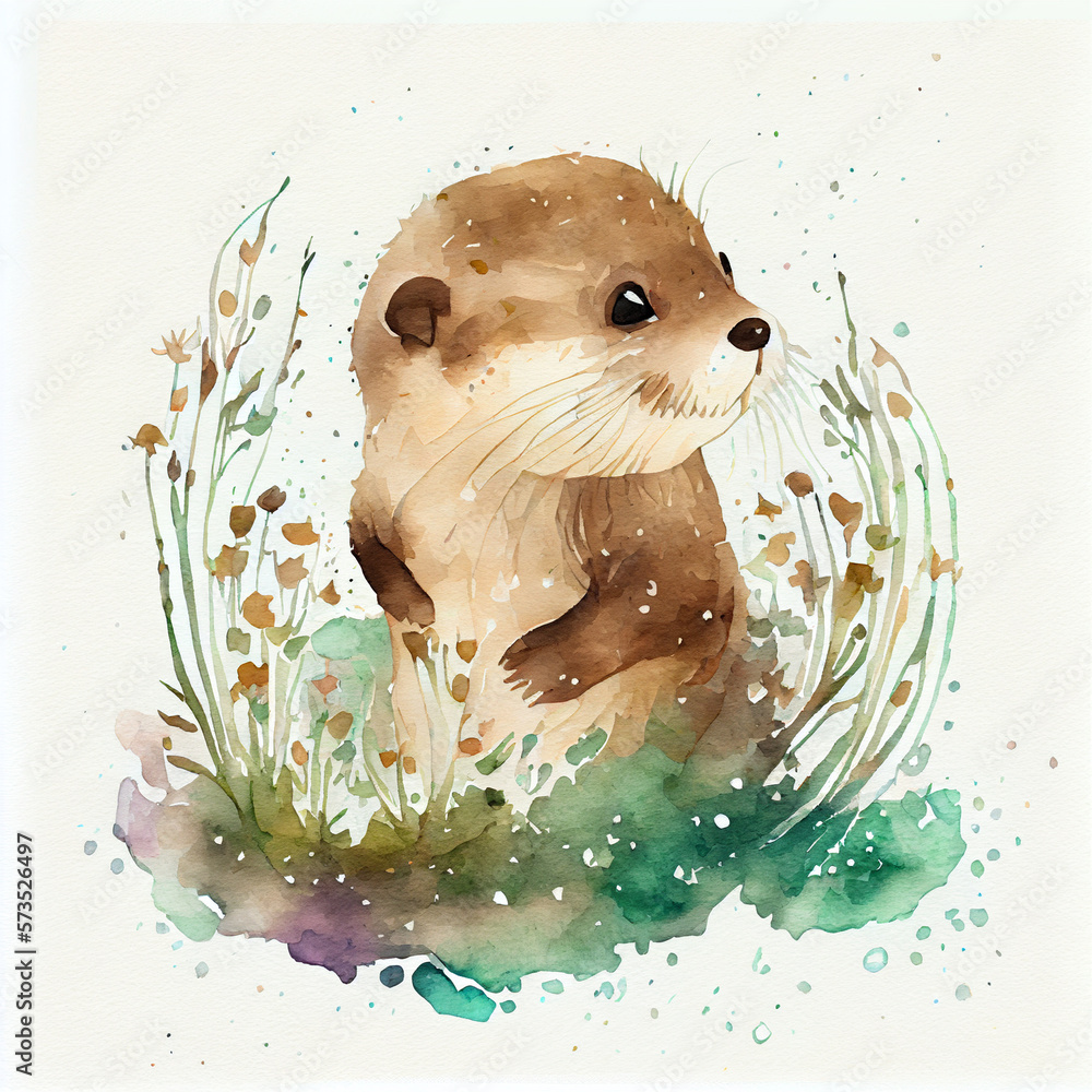 Cute baby otter character in wild nature watercolor drawing. Funny ...