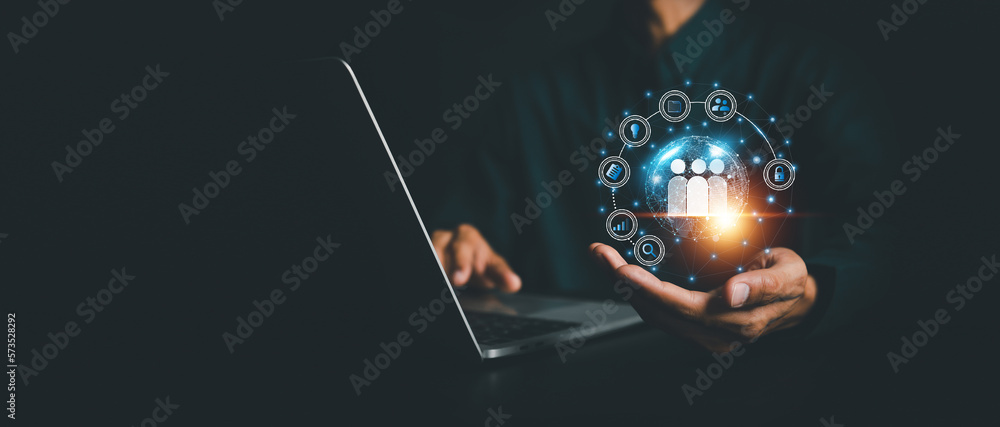 Businessman use computer,Customer Relationship Management, with global ...