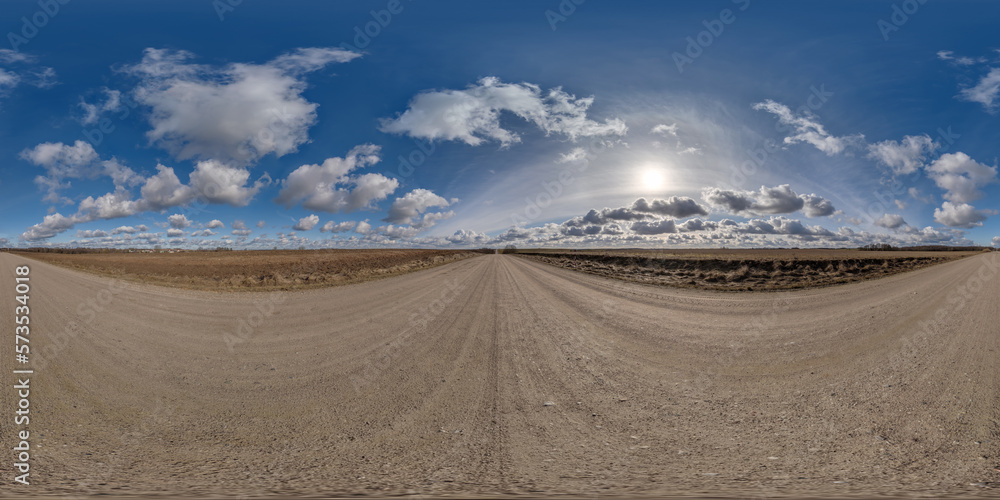 spherical 360 hdri panorama on gravel road with clouds on blue sky with ...