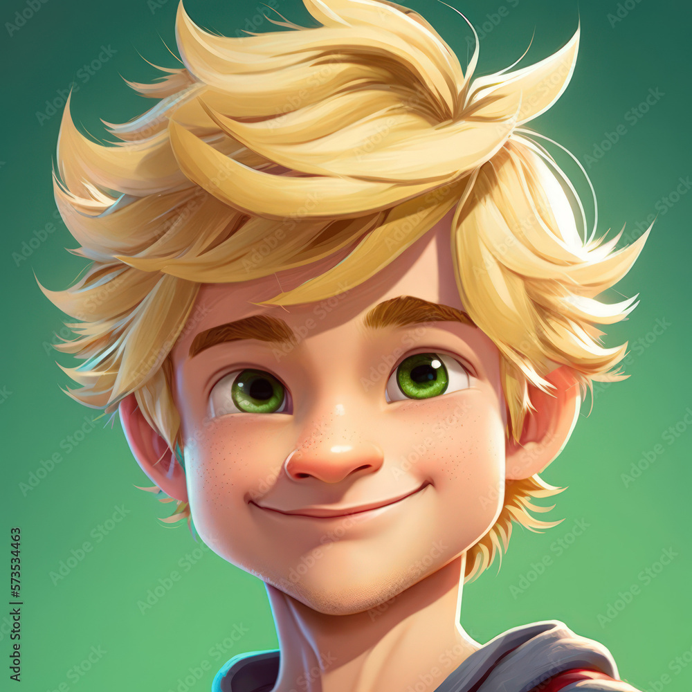 Cartoon Close up Portrait of Smiling Blonde Fierce Boy with a scruffy ...