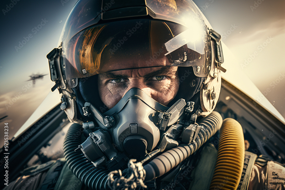 Mid-flight, a jet fighter pilot is captured in a close-up shot ...