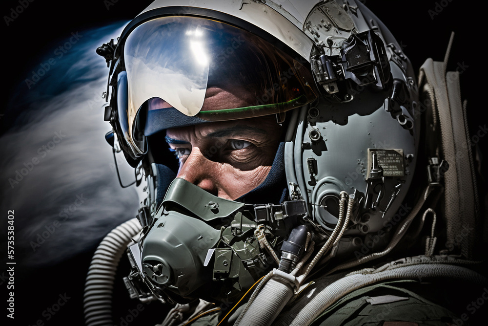 ภาพประกอบสต็อก Mid-flight, a jet fighter pilot is captured in a close ...