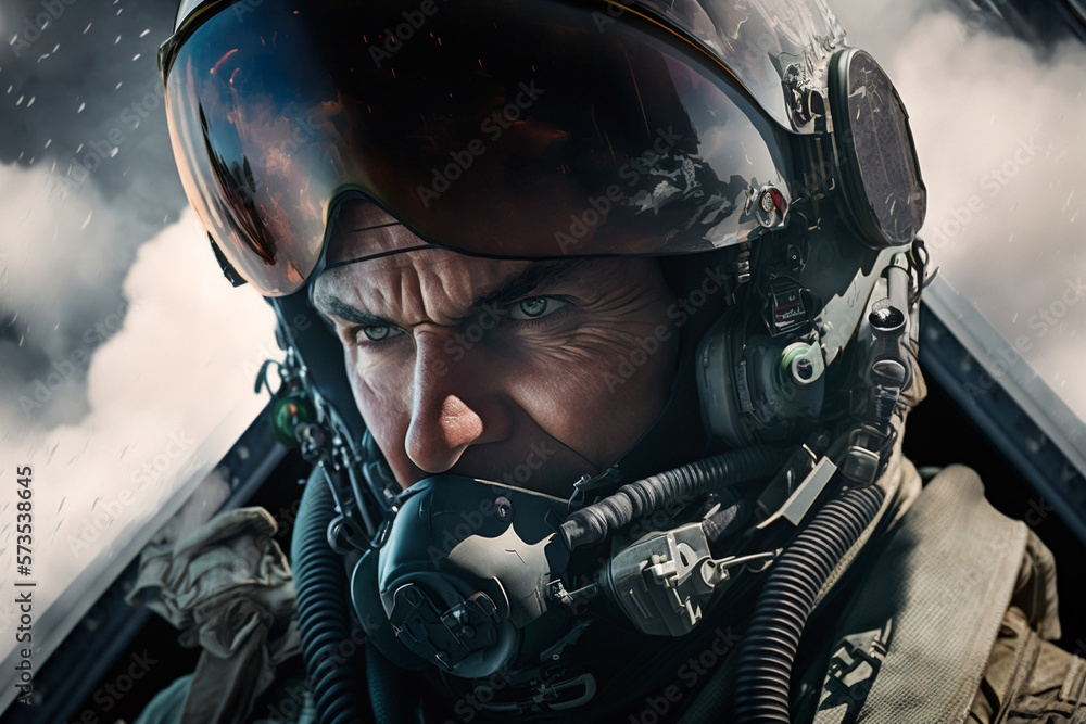 Mid-flight, a jet fighter pilot is captured in a close-up shot ...