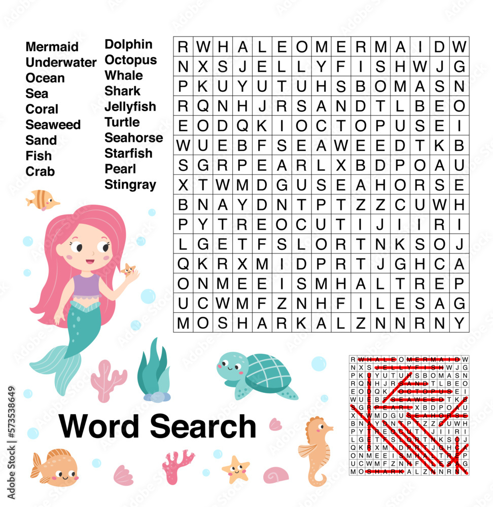 Sea Word search. Educational game. Learning English. Printable puzzle ...