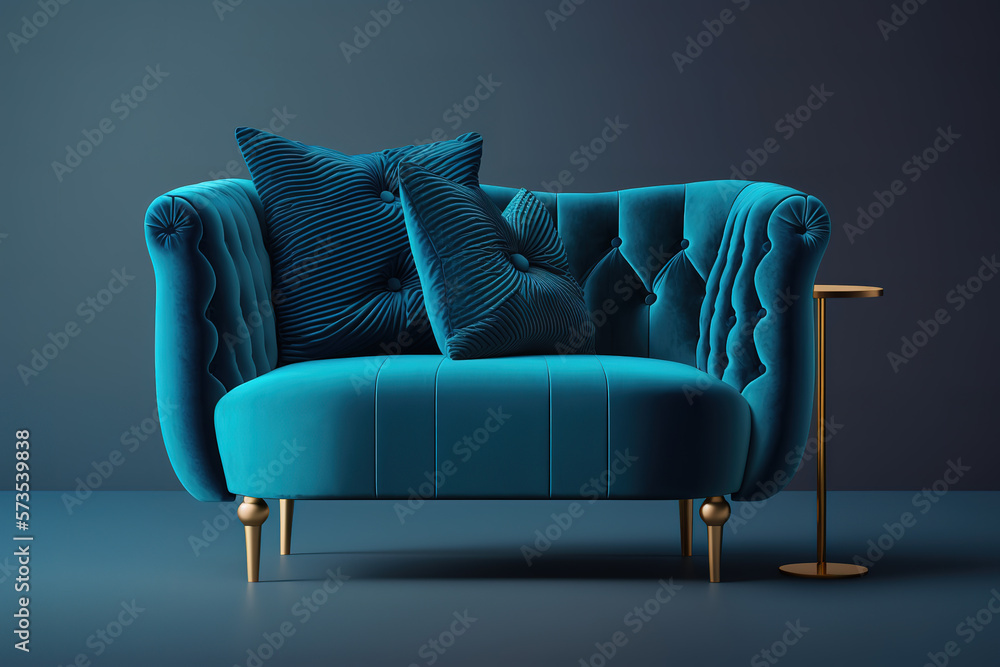 Stylish blue fabric sofa with wooden legs on blue background with ...
