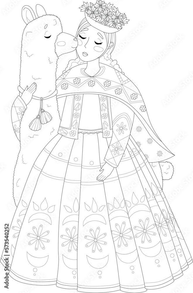 Cute cartoon girl in traditional dress with lama sketch template ...