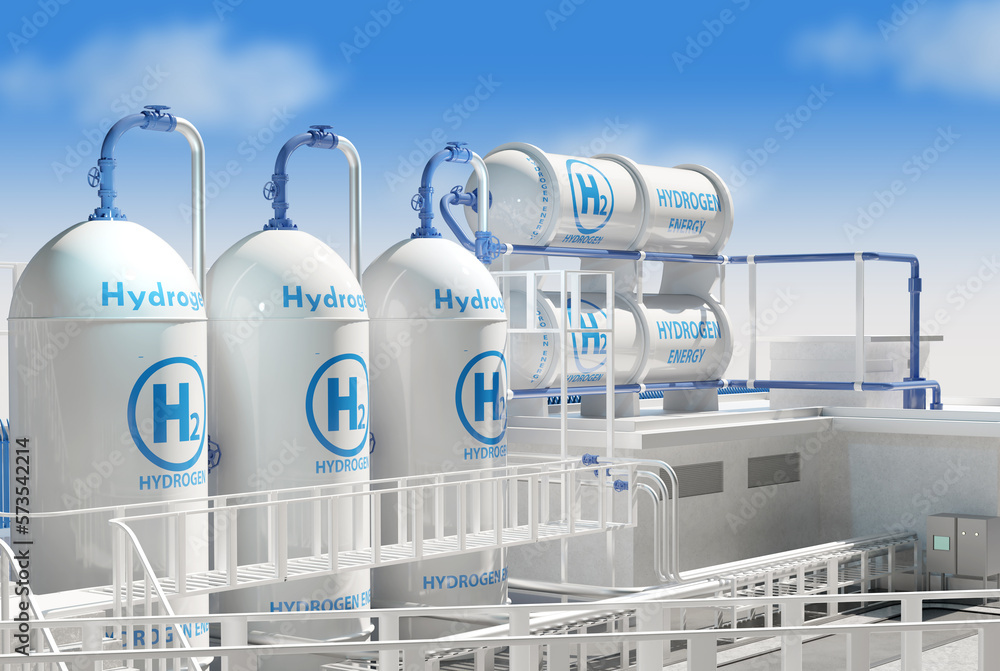 Tanks for gaseous hydrogen. Eco-friendly energy plant. H2 logo on white ...