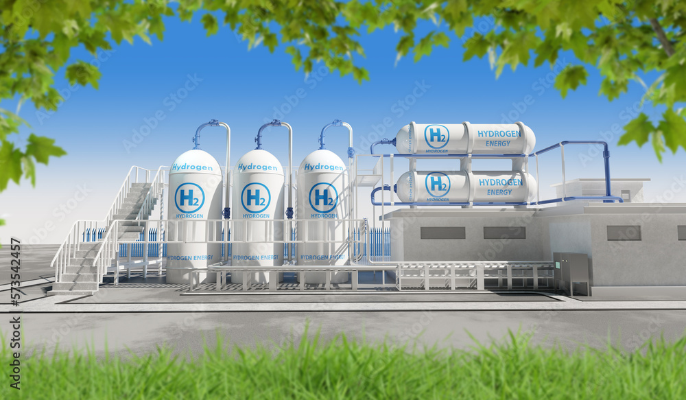 Eco power plants. Tanks with hydrogen under blue sky. Green energy ...