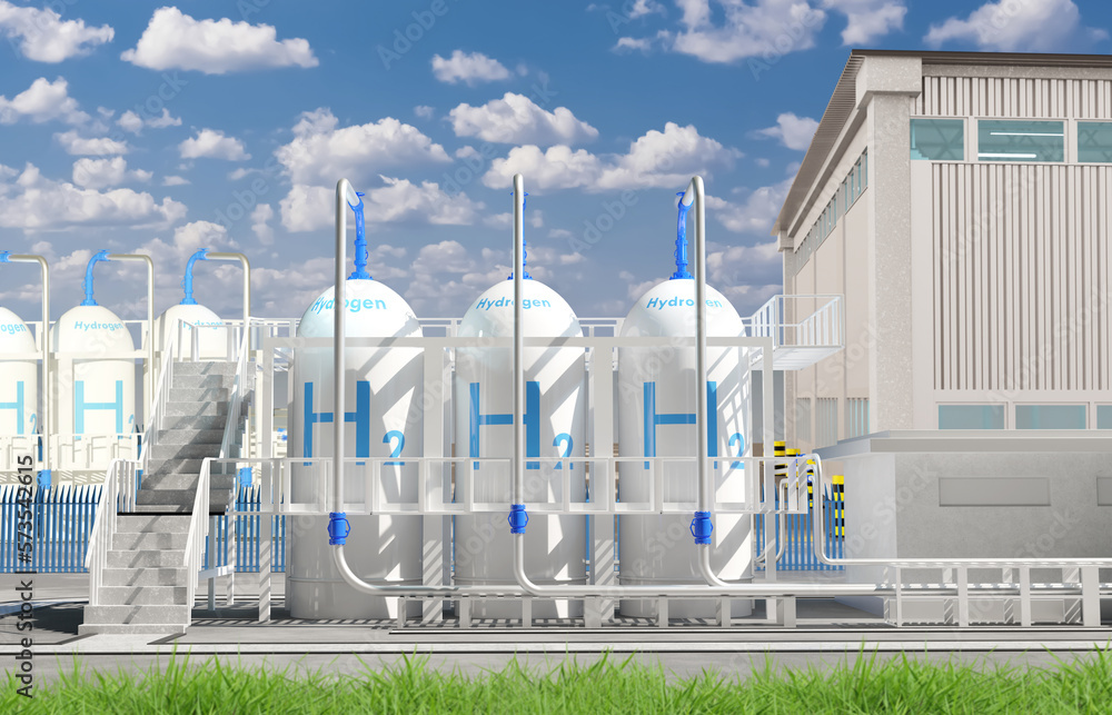 Hydrogen energy technology. Factory for production of hydrogen gas. H2 ...