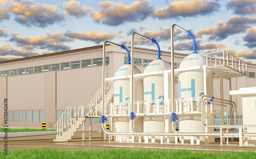 Modern hydrogen power plant. Supplying factory with hydrogen. Factory ...