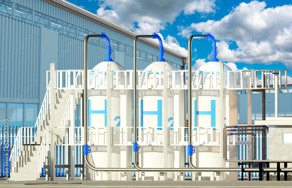 H2 storage. Tanks with hydrogen near factory. Production of gas from H2 ...