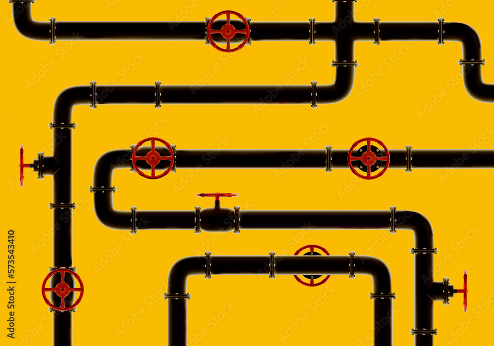 Minimal pipeline. Black pipes with pressure valves. Steel pipeline ...