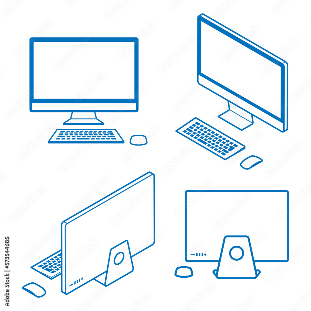 Four angles 3d desktop computers set - Line art, blank screen Stock ...