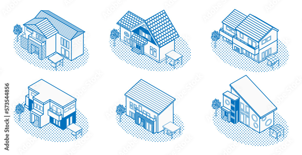 Set of isometric line art residential house, Six types variation Stock ...