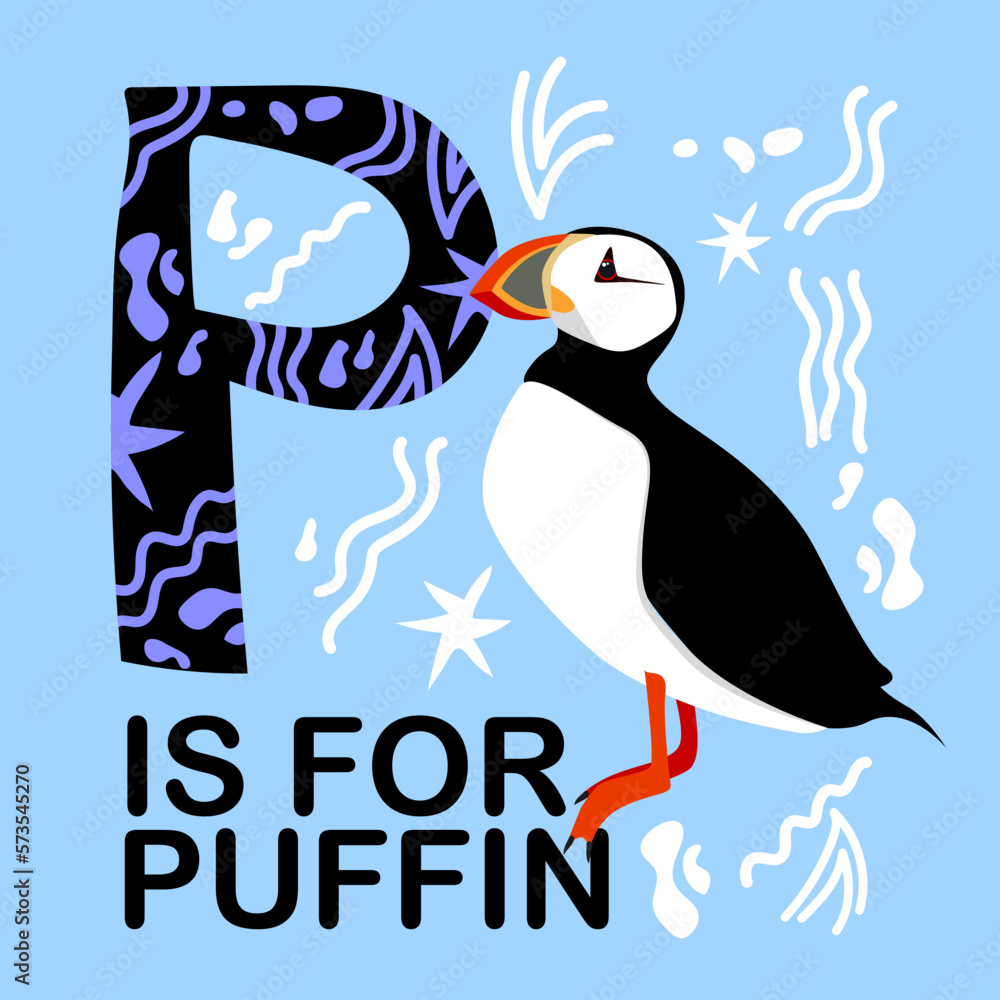 Cute children zoo alphabet P letter of Puffin bird for kids learning ...