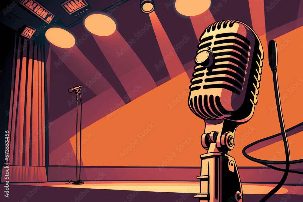 Retro style microphone on a stage with comic background. generative ai ...