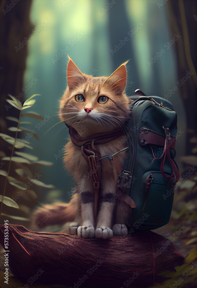 cute cat as a backpacker travel to a forest created by generative ai ...