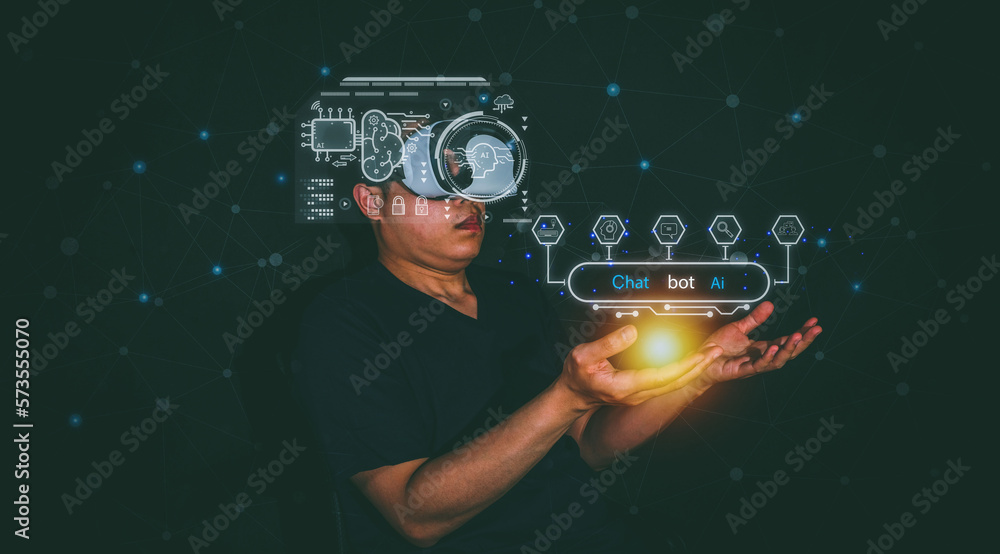 businessman using VR glasses, 3d chatbot on communicator, using Q-A ...