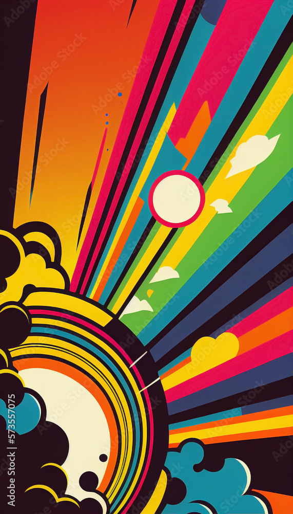 A rising sun in the lower left corner casting large rays of light ...