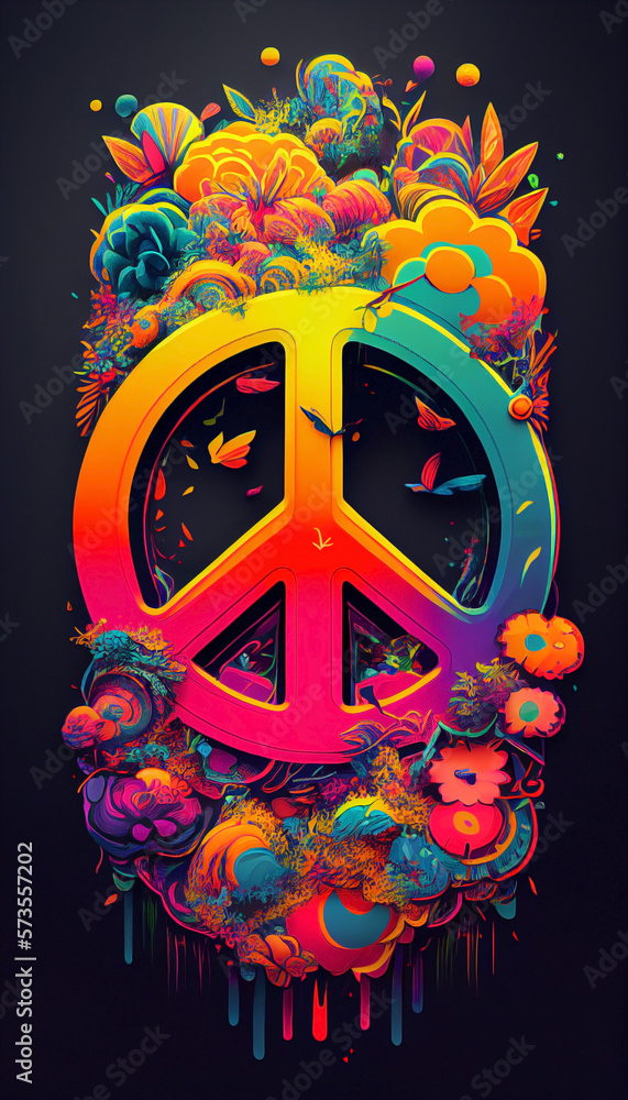 Peace symbol surrounded by neon colored flowers. Retro background with ...