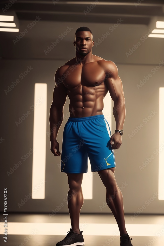A dark-skinned man with a muscular body, shirtless poses for a photo in ...