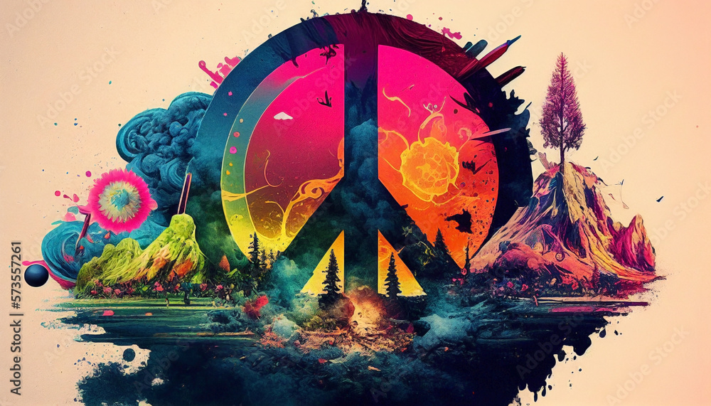 Symbol of peace in fluorescent colors surrounded by a world of nature ...