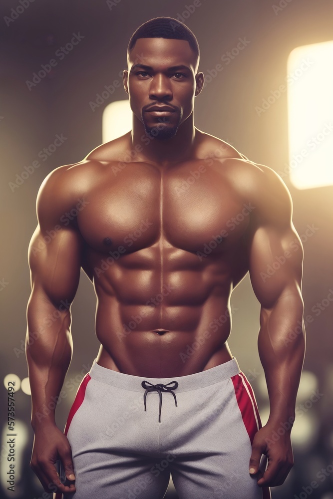 A dark-skinned man with a muscular body, shirtless poses for a photo in ...