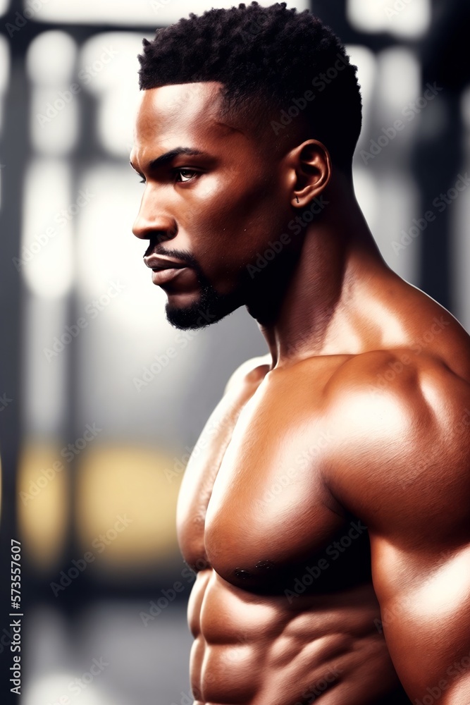 A dark-skinned man with a muscular body, shirtless poses for a photo in ...