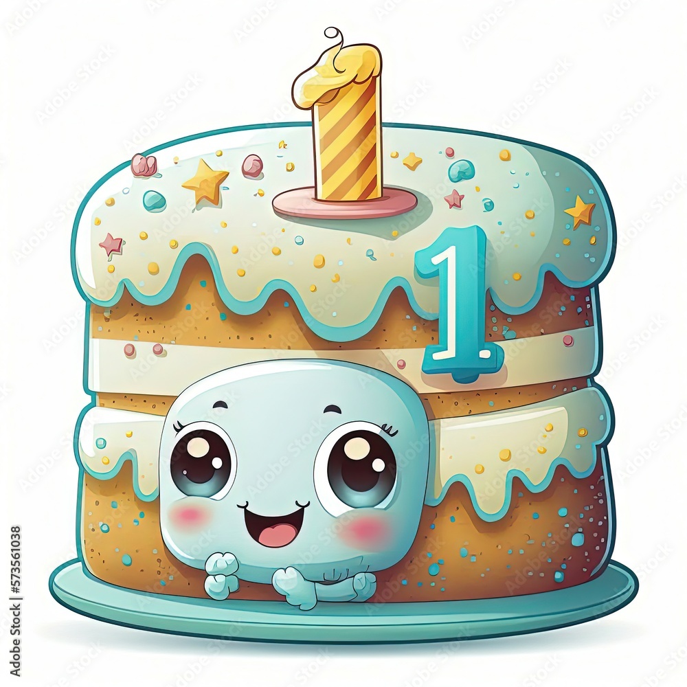 creamy cartoon birthday cake with 1st year candle generative ai ...