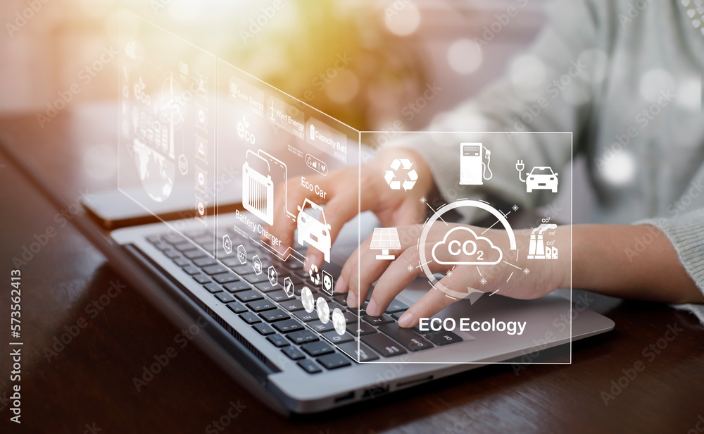 Businessman using laptops and touch recycle symbol with virtual modern ...