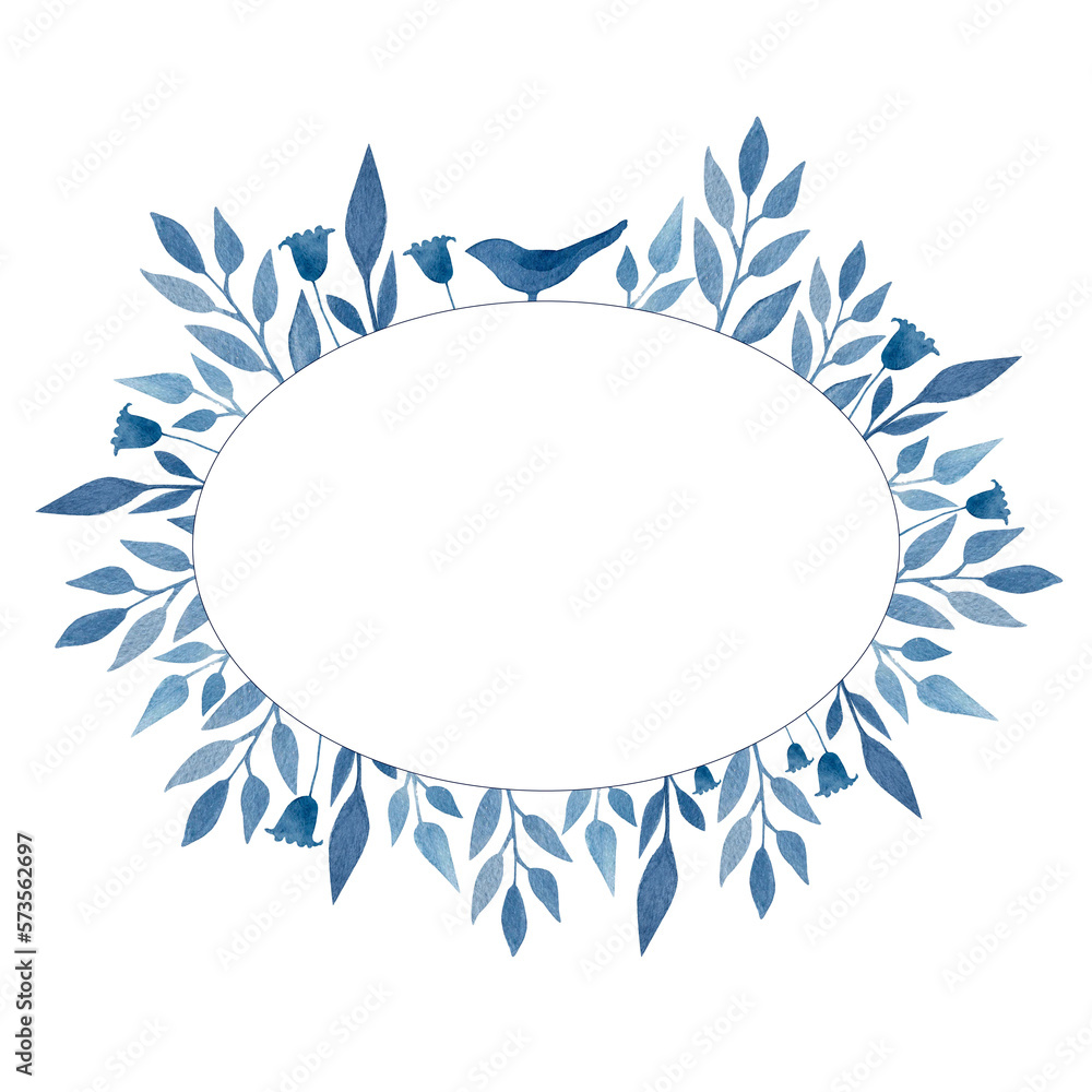 Watercolor oval frame of blue leaves and bellflowers and campanulas ...