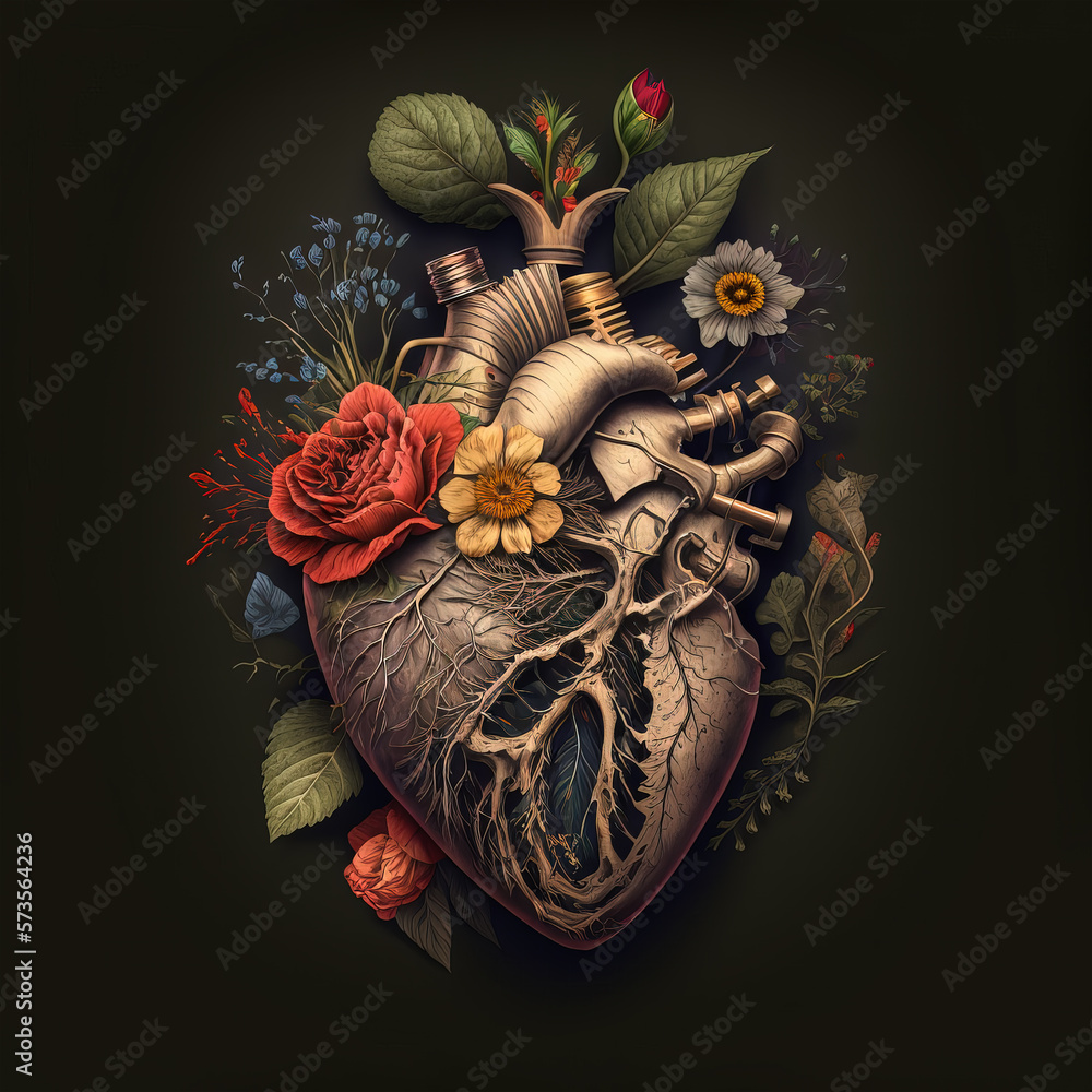 A human heart with florals and gear. Anatomical vintage illustration ...