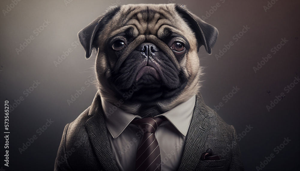Portrait of pug dog dressed in a formal business suit on isolated ...