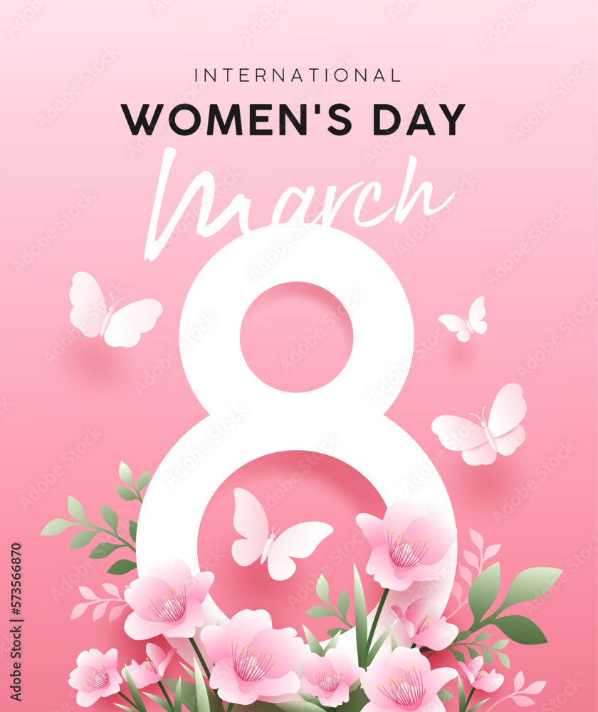 International happy women's day 8 march with flowers and butterfly ...